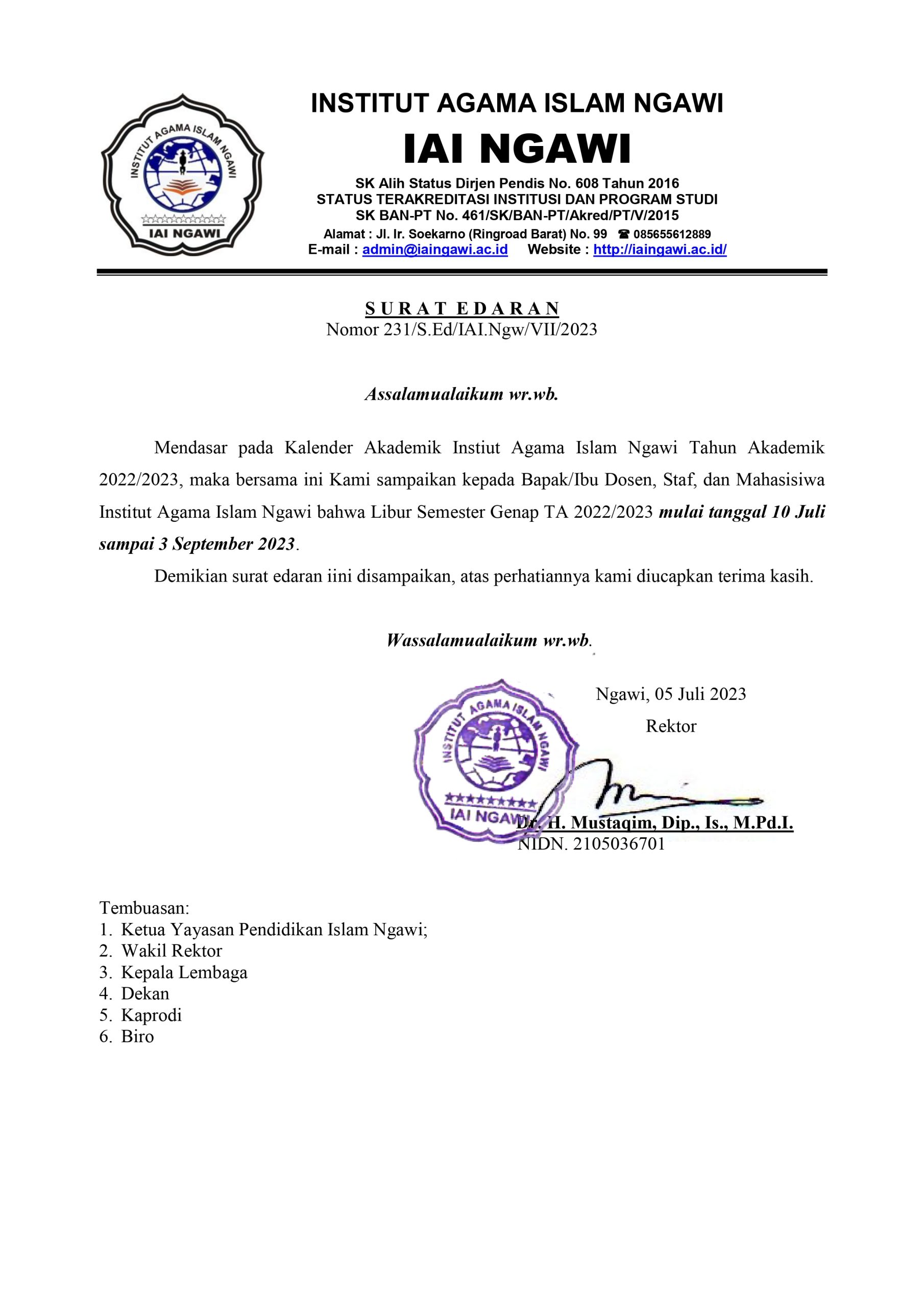Surat Edaran Libur Semester Genap TA 2022/2023 - IAI NGAWI
